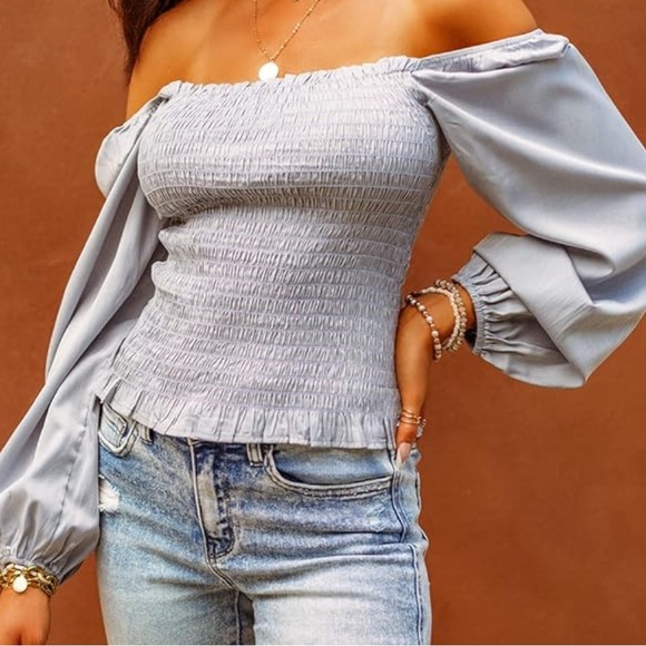 Tops | Sky Blue Puff Sleeve Smocked Top | Poshmark